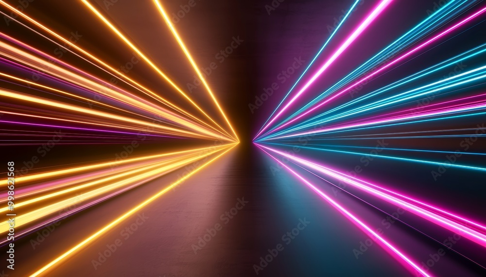 Glowing neon beams in a spectrum of colors moving rapidly through a ...