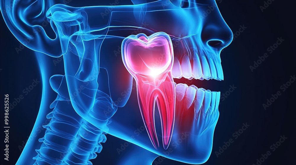 Medical, xray and illustration of teeth in mouth for wisdom tooth ...