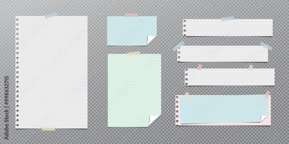 Set of white and colorful note, notebook paper are on grey transparent ...