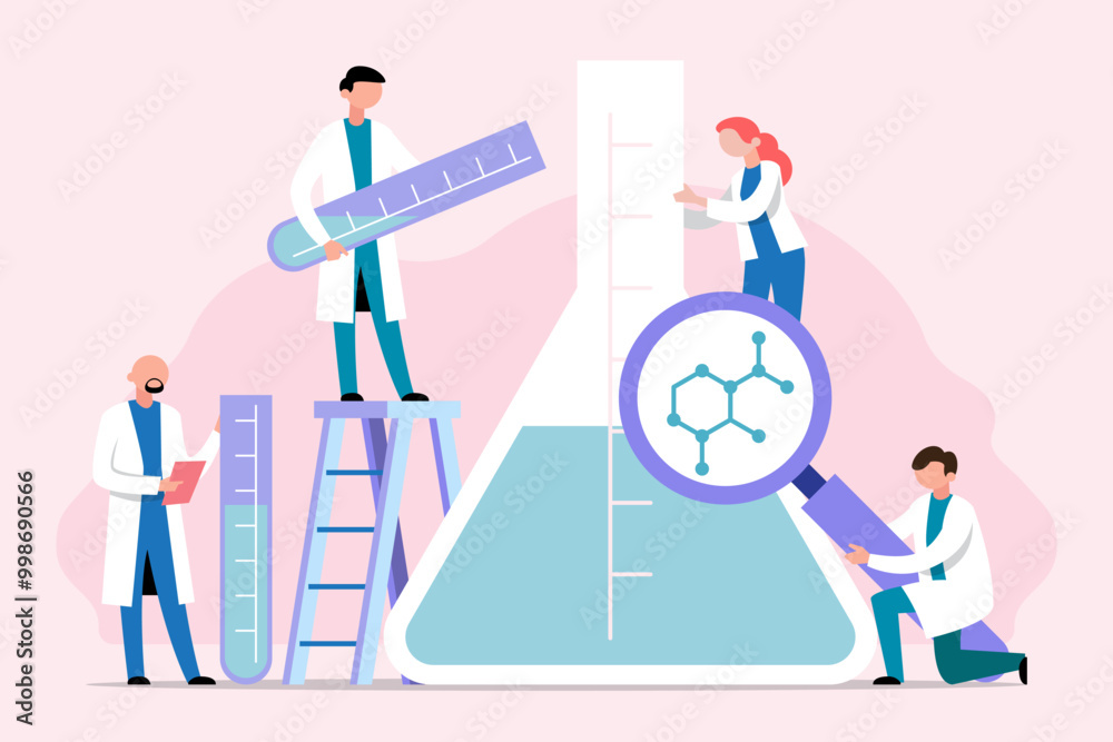 diverse team of scientists working together on a giant test tube ...