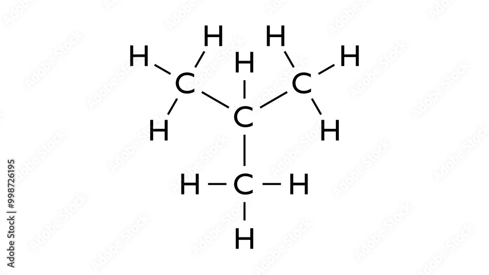 isobutane molecule, structural chemical formula, ball-and-stick model ...