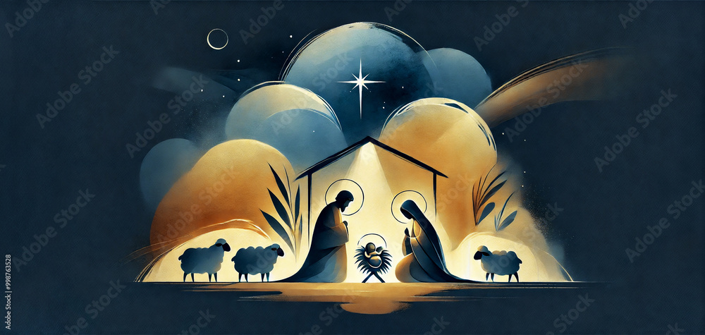 Watercolor painting representing Nativity scene in Bethlehem.Christmas ...