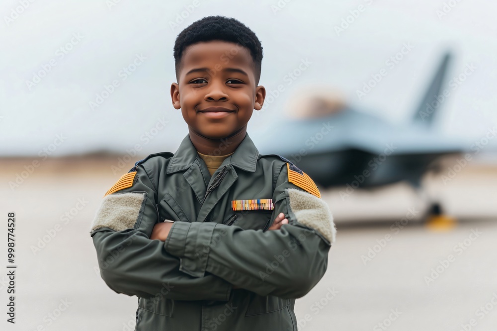 Smiling young afroamerican boy stands on an airfield with his arms ...