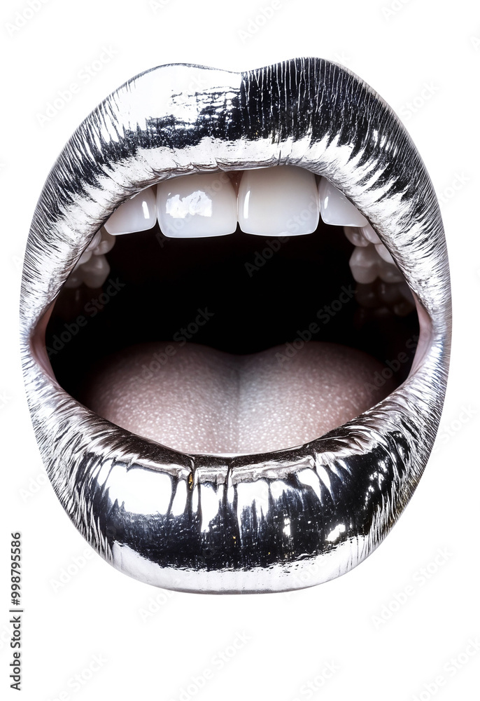 Open female mouth with silver lips and white teeth and tongue out ...