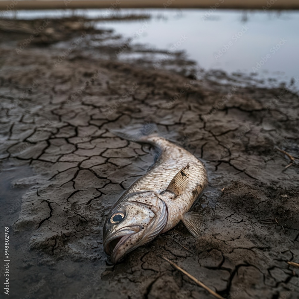 Stock-Foto „Dying fish in a dried-up riverbed, visualizing the ...