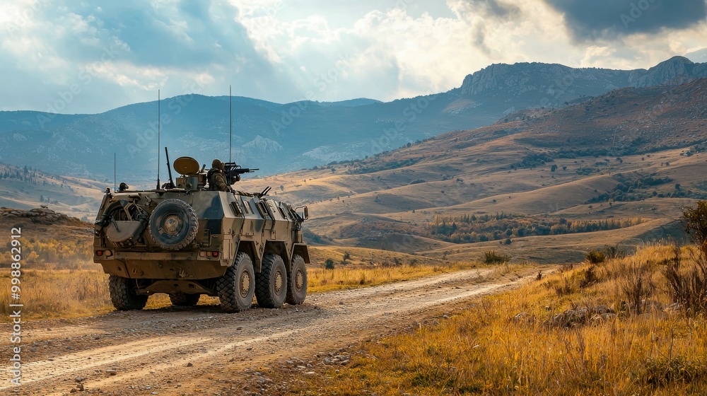 A heavily armored personnel carrier (APC) patrolling a rugged landscape ...
