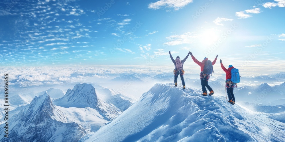 Three climbers stand triumphantly on a snowy peak. They celebrate ...