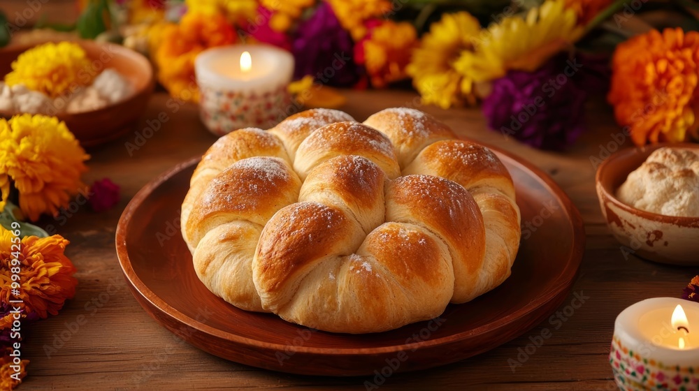 Foto Pan de muerto bread placed on a richly decorated altar, surrounded ...