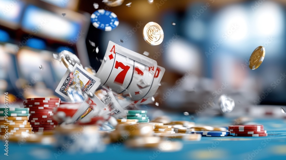 Chips, coins, and playing cards are flying in mid-air, giving a dynamic ...