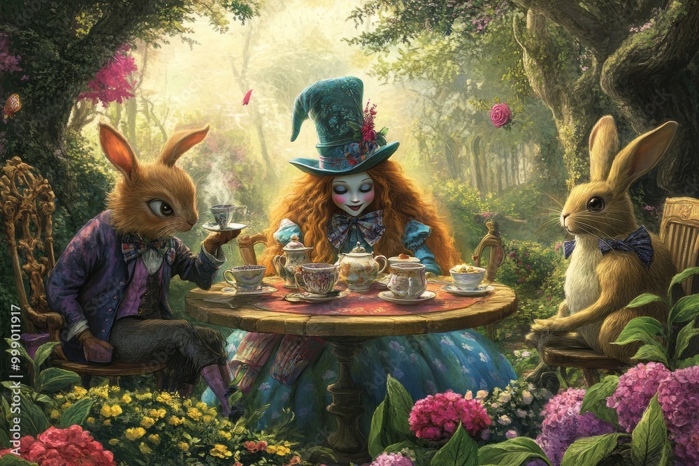 illustration of Alice sitting at the Mad Hatter's tea party, with the ...