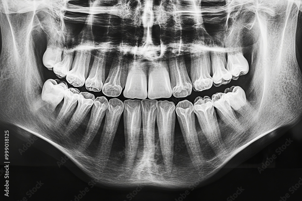 a dental X-ray showing the positioning of wisdom teeth in the jaw ...
