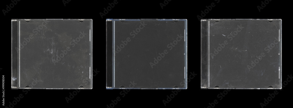 Set of three isolated mockup of old music CD disc jewel case with black ...