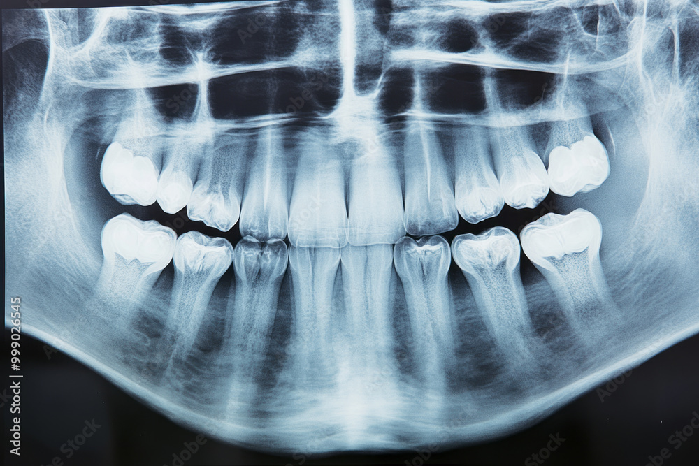 a dental X-ray showing the positioning of wisdom teeth in the jaw ...