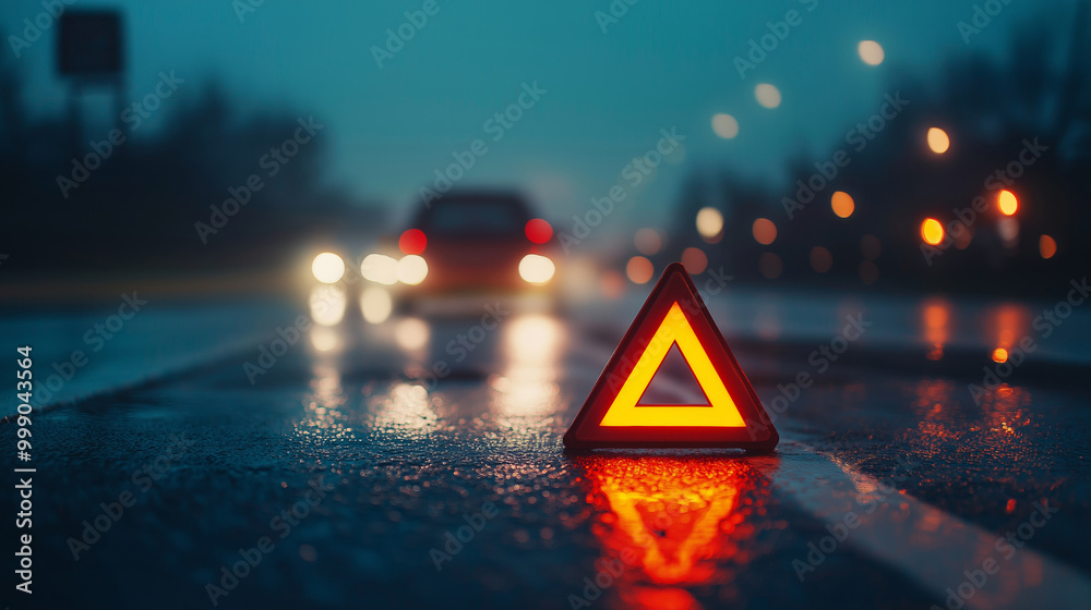 Reflective triangle warning sign on wet road at night, blurred car ...