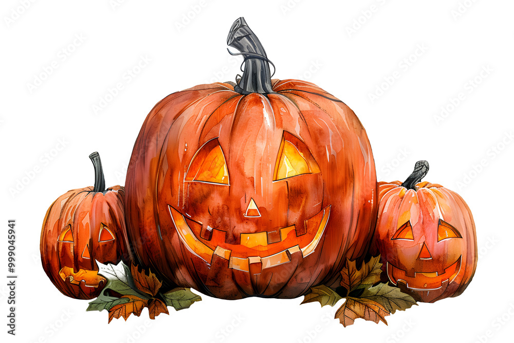 Cute and creepy halloween jack-o-lantern pumpkins with autumn leaves ...