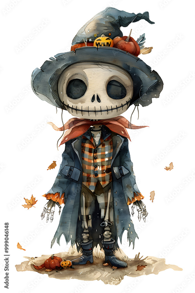Cute and creepy halloween zombie voodoo doll skeleton in a hat with ...
