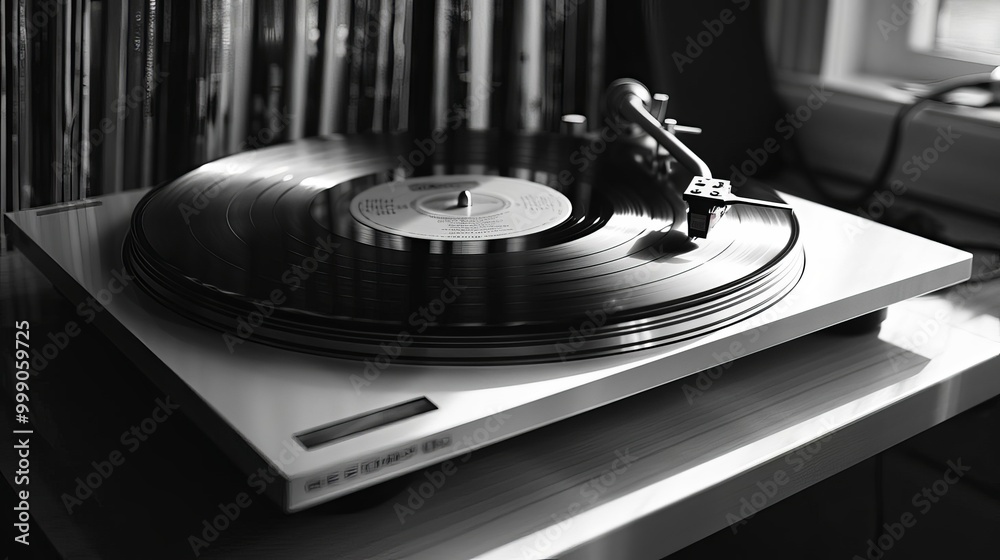 8K resolution vinyl record player, black and white, on shelf, detailed ...