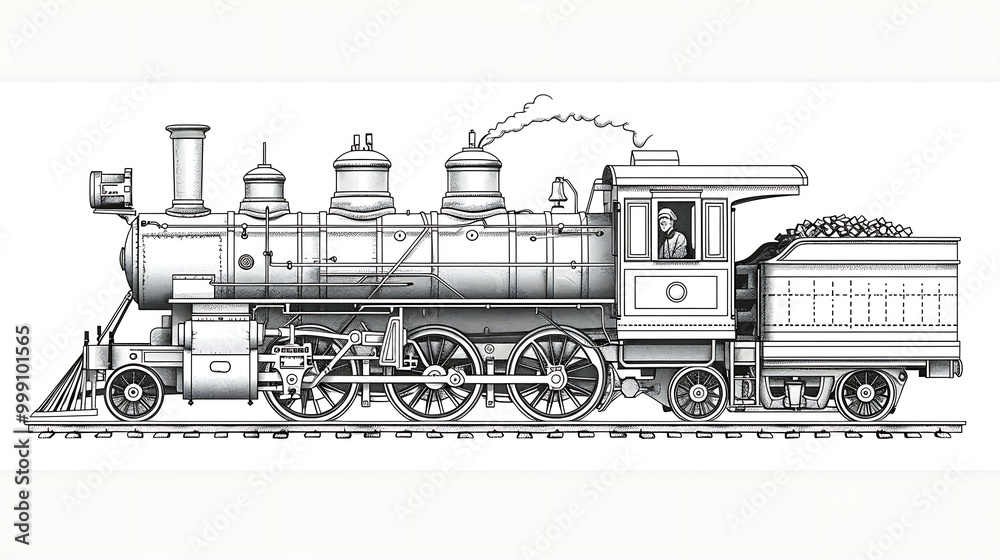 A detailed line drawing of an old steam locomotive. Stock Illustration ...