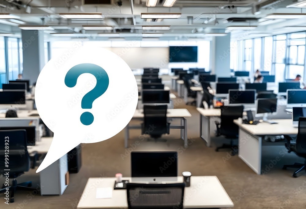 question marks in a message bubble on a busy open-plan office ...