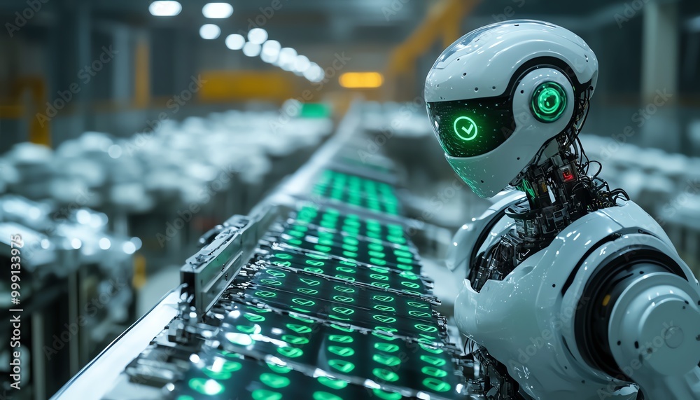 a robot that works on an assembly line organizing green check mark ...