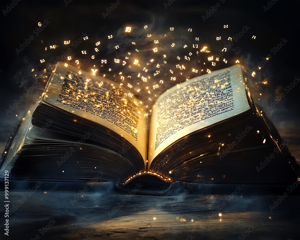 An open book with glowing letters and words flying off the pages ...
