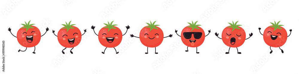 Flat Vector Cartoon Cute and Funny Tomato Character. Dancing, Smiling ...