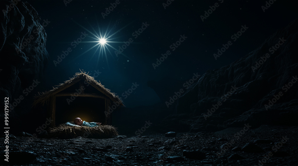 Starry night in Bethlehem, birth of Jesus Christ in humble barn shines ...