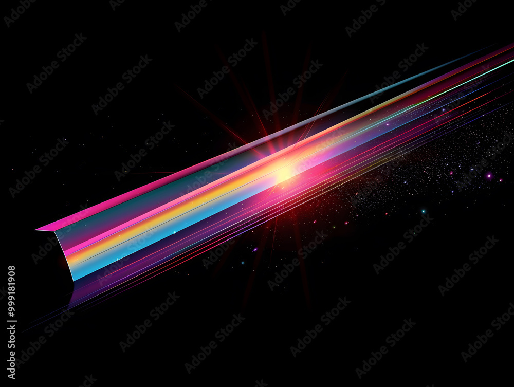 In the image, a neon light beam cuts through a black space with rainbow ...