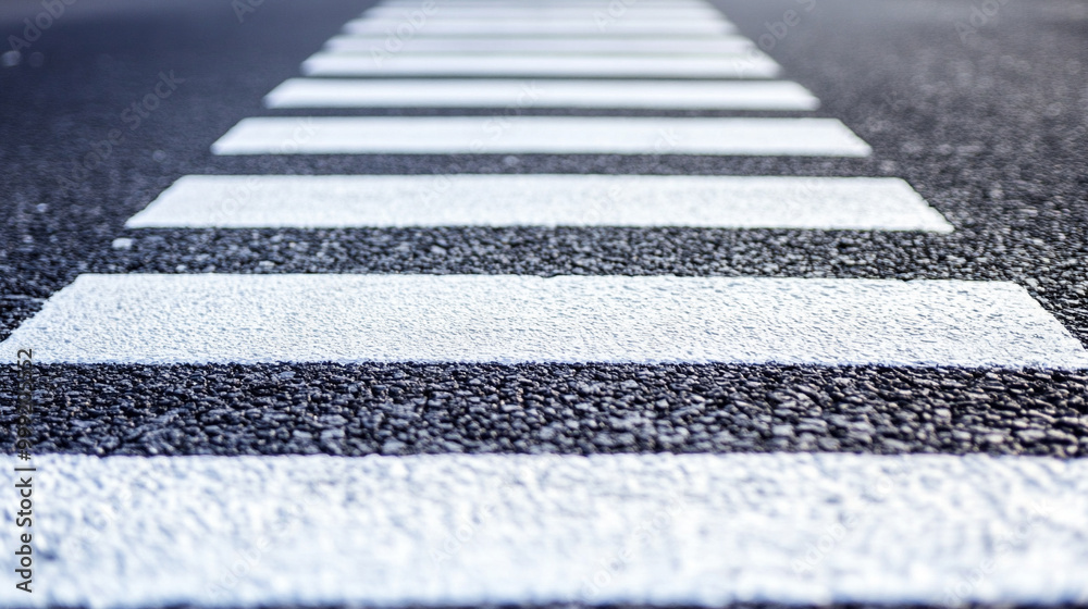 zebra crosswalk markings on a clean, black asphalt road. The distinct ...