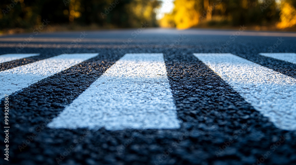 zebra crosswalk markings on a clean, black asphalt road. The distinct ...