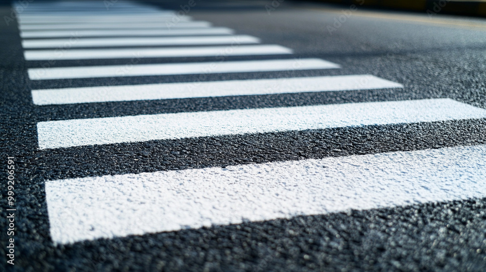zebra crosswalk markings on a clean, black asphalt road. The distinct ...