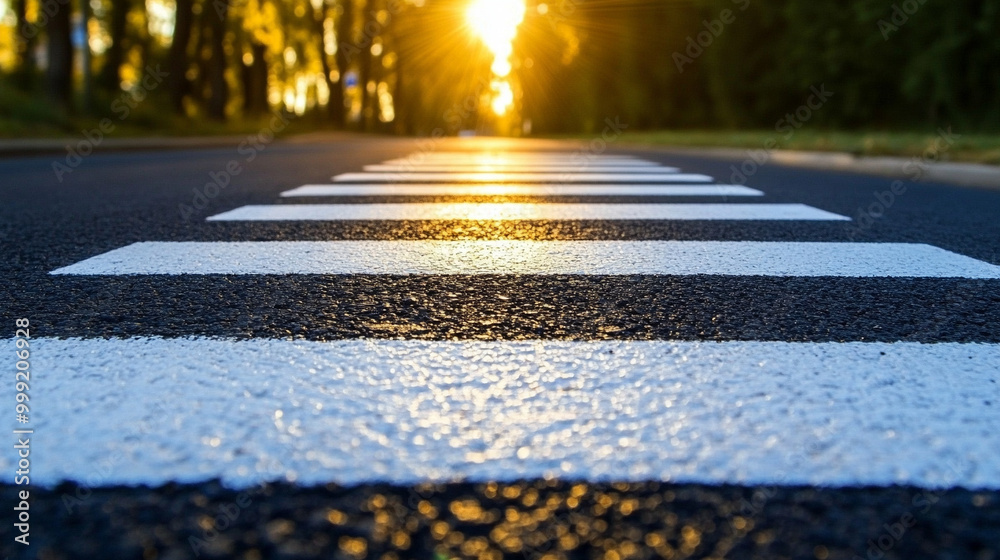 zebra crosswalk markings on a clean, black asphalt road. The distinct ...