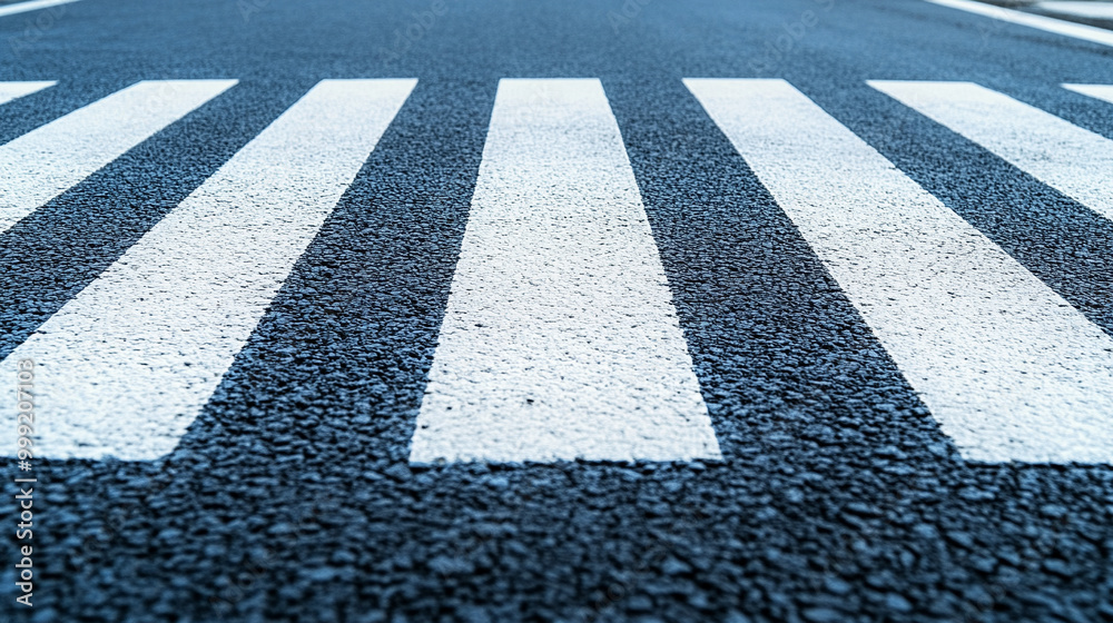 zebra crosswalk markings on a clean, black asphalt road. The distinct ...