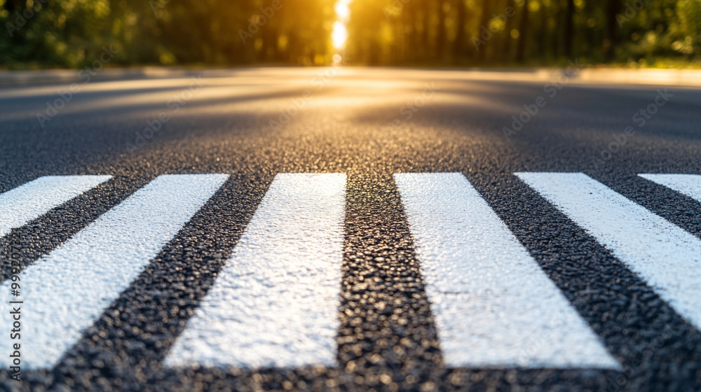 zebra crosswalk markings on a clean, black asphalt road. The distinct ...