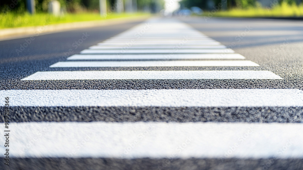 zebra crosswalk markings on a clean, black asphalt road. The distinct ...