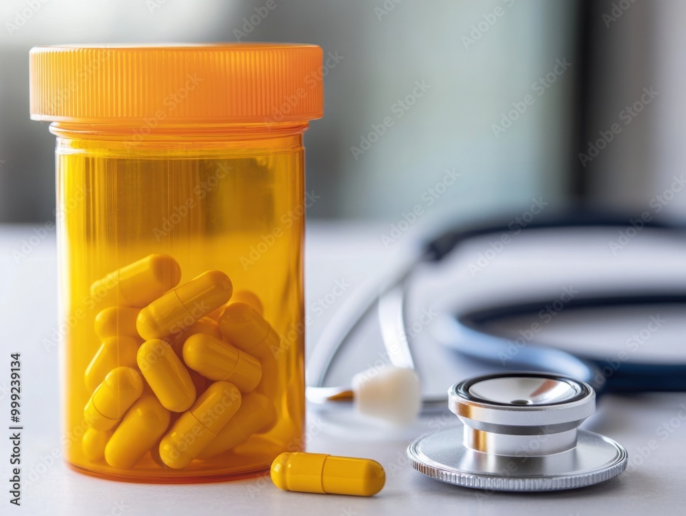 Yellow Pill Bottle on Desk with Stethoscope Stock Photo | Adobe Stock