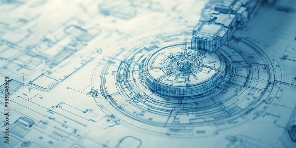 Macro shot of a robotic engineering blueprint, featuring intricate ...
