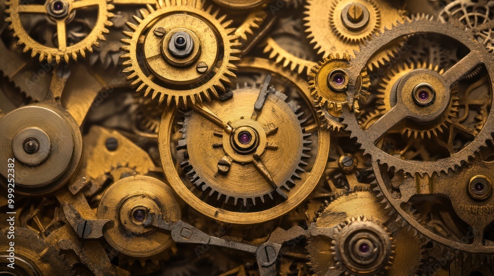 A tangle of brass cogs and wheels tightly meshed together, turning in ...