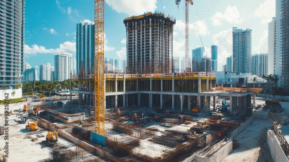 Building construction in progress, with concrete walls, steel beams ...
