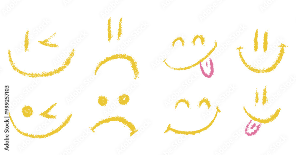 Doodle chalk smile emoji face icon set. Textured kids hand drawn sketch ...