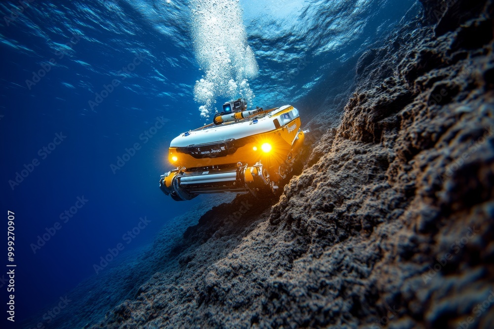 Autonomous underwater robot exploring a deep-sea trench, with bright ...