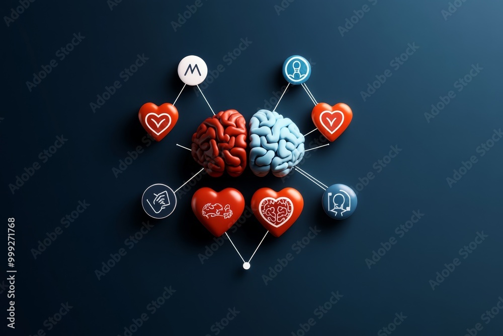 Concept of emotional intelligence, with icons of hearts, brains, and ...