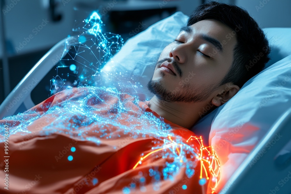 Futuristic healer using nanotechnology to heal wounds, with glowing ...