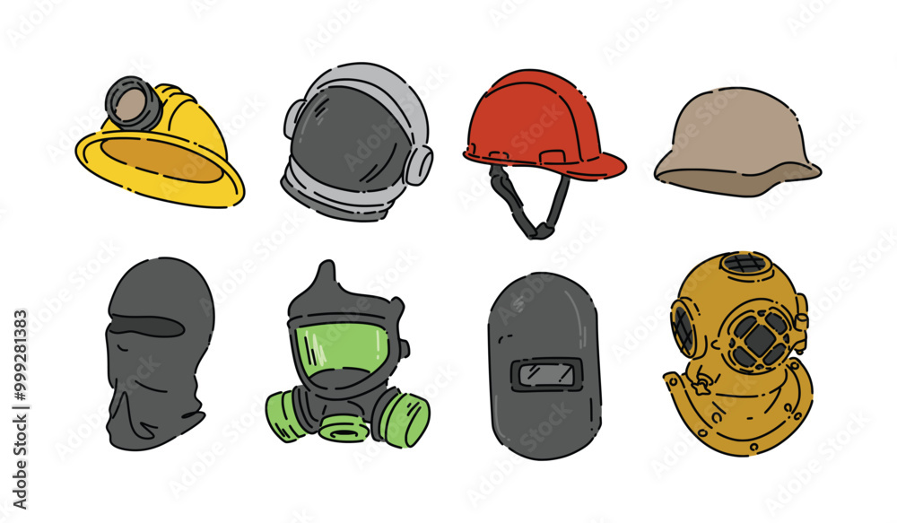 Set collection colored line drawing of helmet and mask. Miner ...