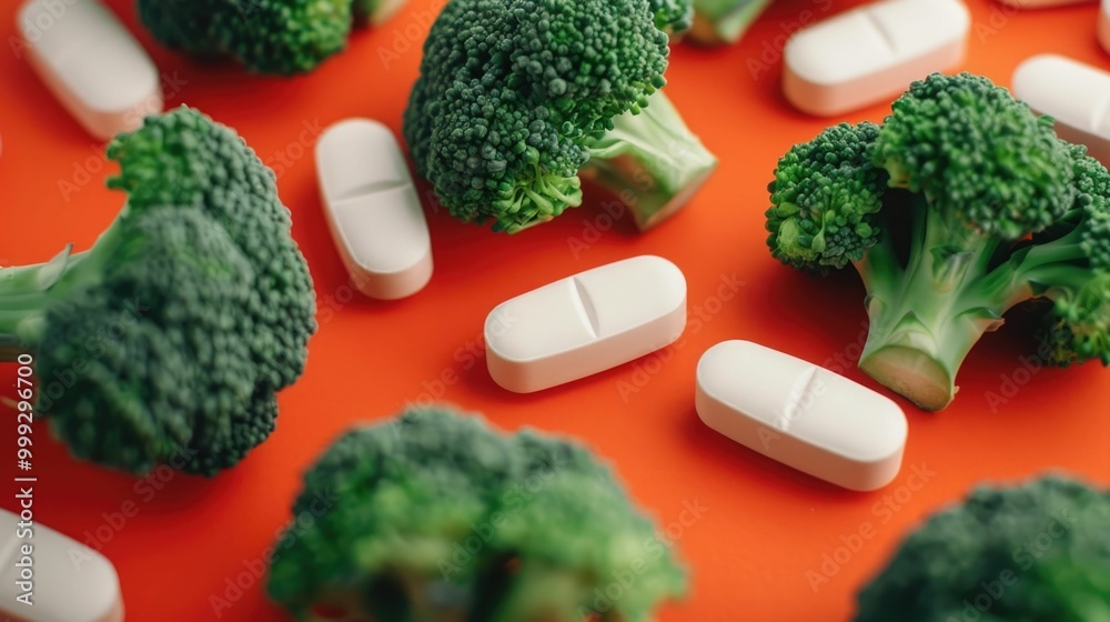 Close up of fresh broccoli florets with pharmaceutical style nutrient ...