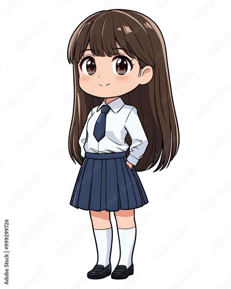 Adorable chibi girl with sleek brown hair, dressed in a sharp white ...