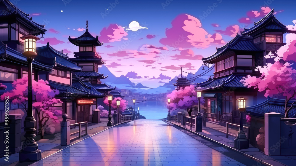 generated illustration of anime comic artstyle of japanese village city ...