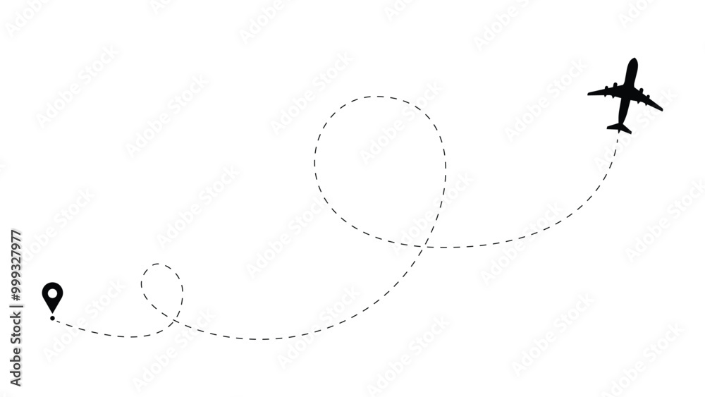 Airplane line path vector icon of air plane flight route with start ...