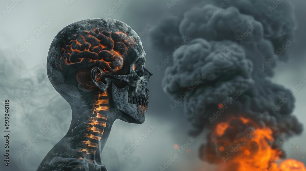 Surreal 3D depicting a human skull with a glowing illuminated brain ...