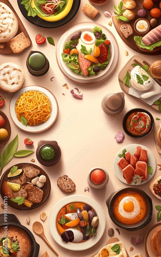 Table filled with diverse dishes from different culinary cultures flat ...